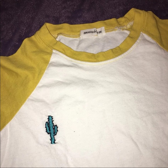 Tops | Yellow Baseball Tee With Embroidered Cactus | Poshmark